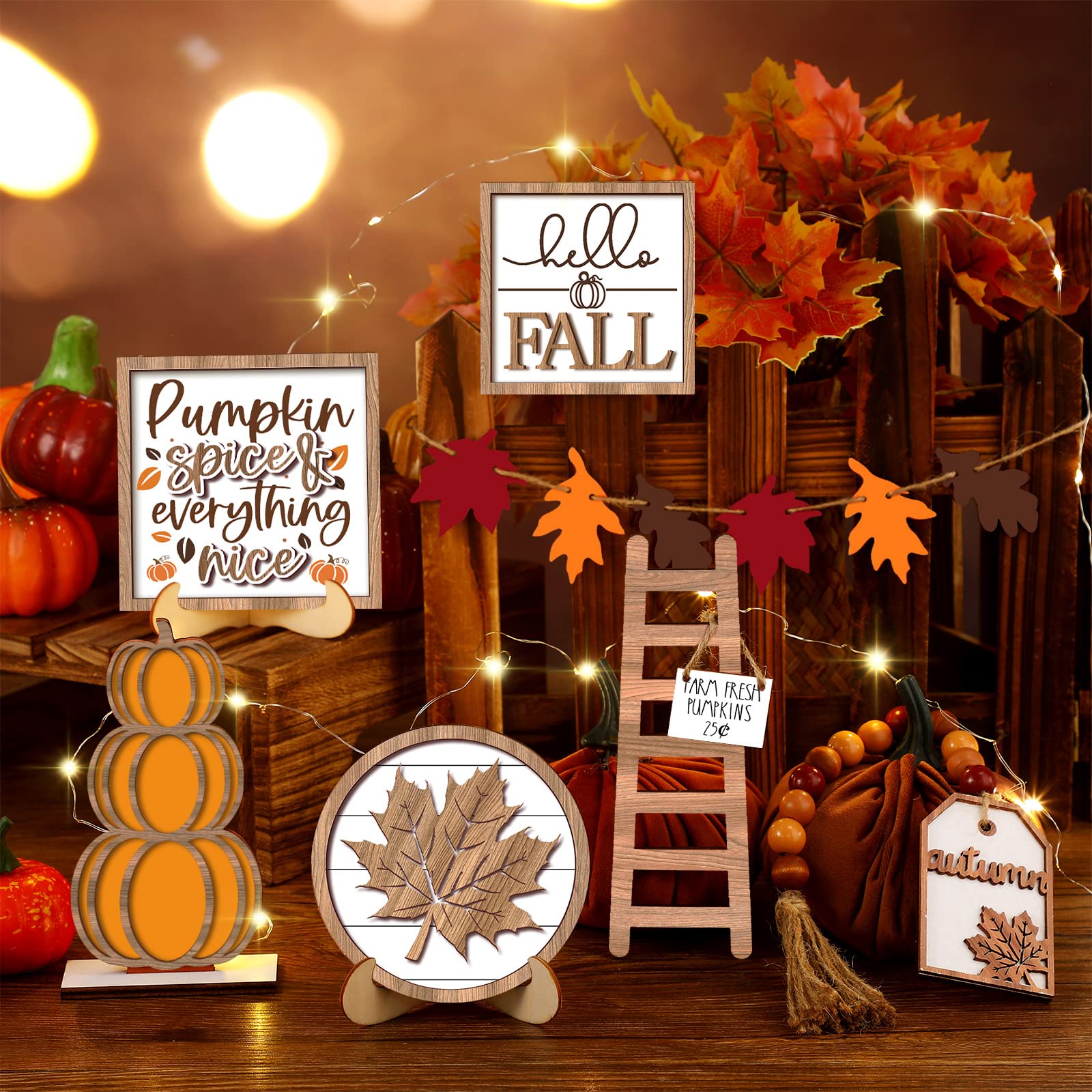 13 Pcs Fall Tiered Tray Decor Set Thanksgiving Pumpkin Gnome Rustic Farmhouse Decor Fall Decor Autumn Harvest Decorative Trays Wooden Tabletop Signs for Home Kitchen (Rustic Style)