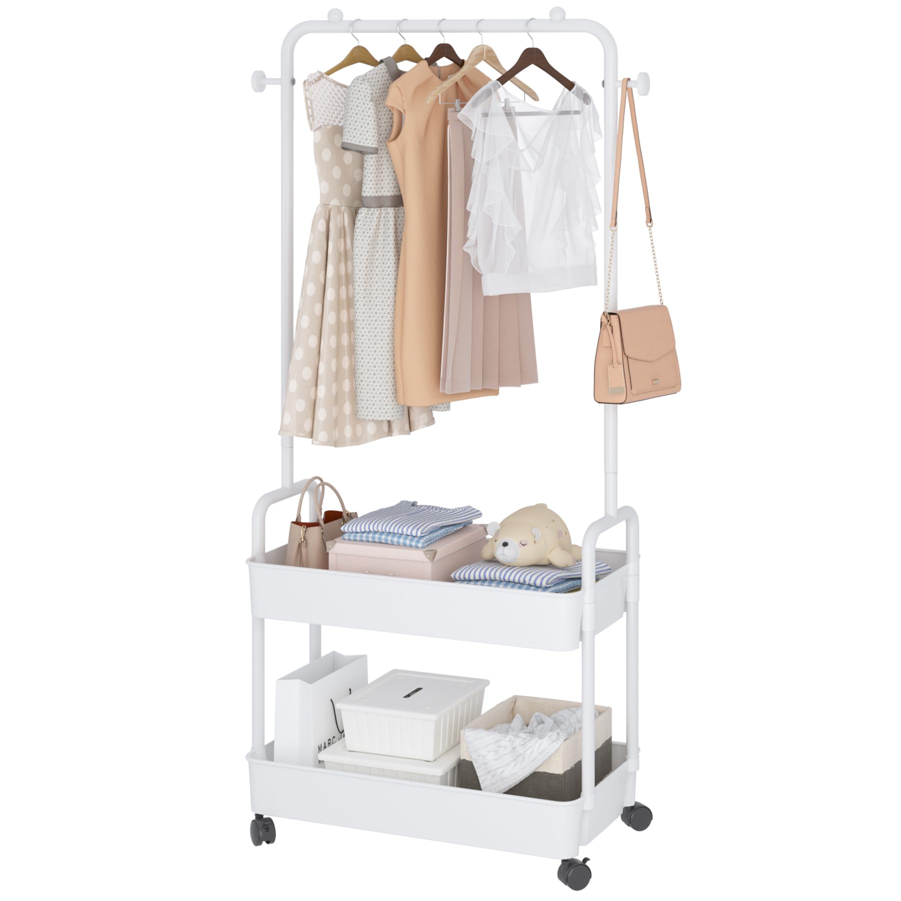 ACCSTORE Metal Clothing Racks, Freestanding Trolley Coat Rack With Wheels,Garment Rack For Storage，Clothes Rack,Heavy Duty Clothing Rack,Garment Racks With 2 Tier Plastics Storage Shelf,White