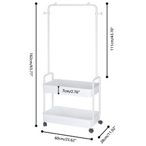 ACCSTORE Metal Clothing Racks, Freestanding Trolley Coat Rack With Wheels,Garment Rack For Storage，Clothes Rack,Heavy Duty Clothing Rack,Garment Racks With 2 Tier Plastics Storage Shelf,White