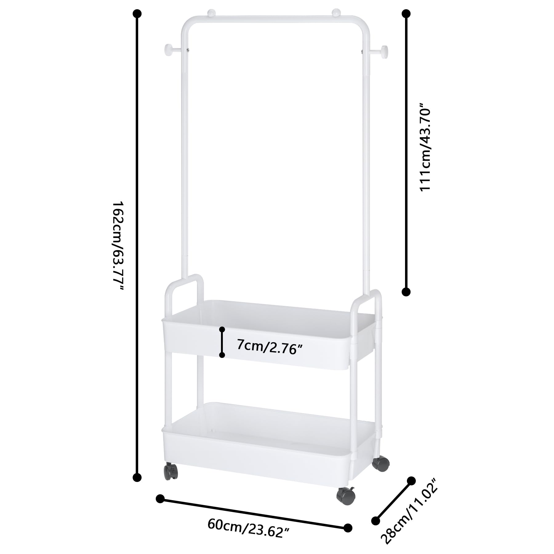 ACCSTORE Metal Clothing Racks, Freestanding Trolley Coat Rack With Wheels,Garment Rack For Storage，Clothes Rack,Heavy Duty Clothing Rack,Garment Racks With 2 Tier Plastics Storage Shelf,White