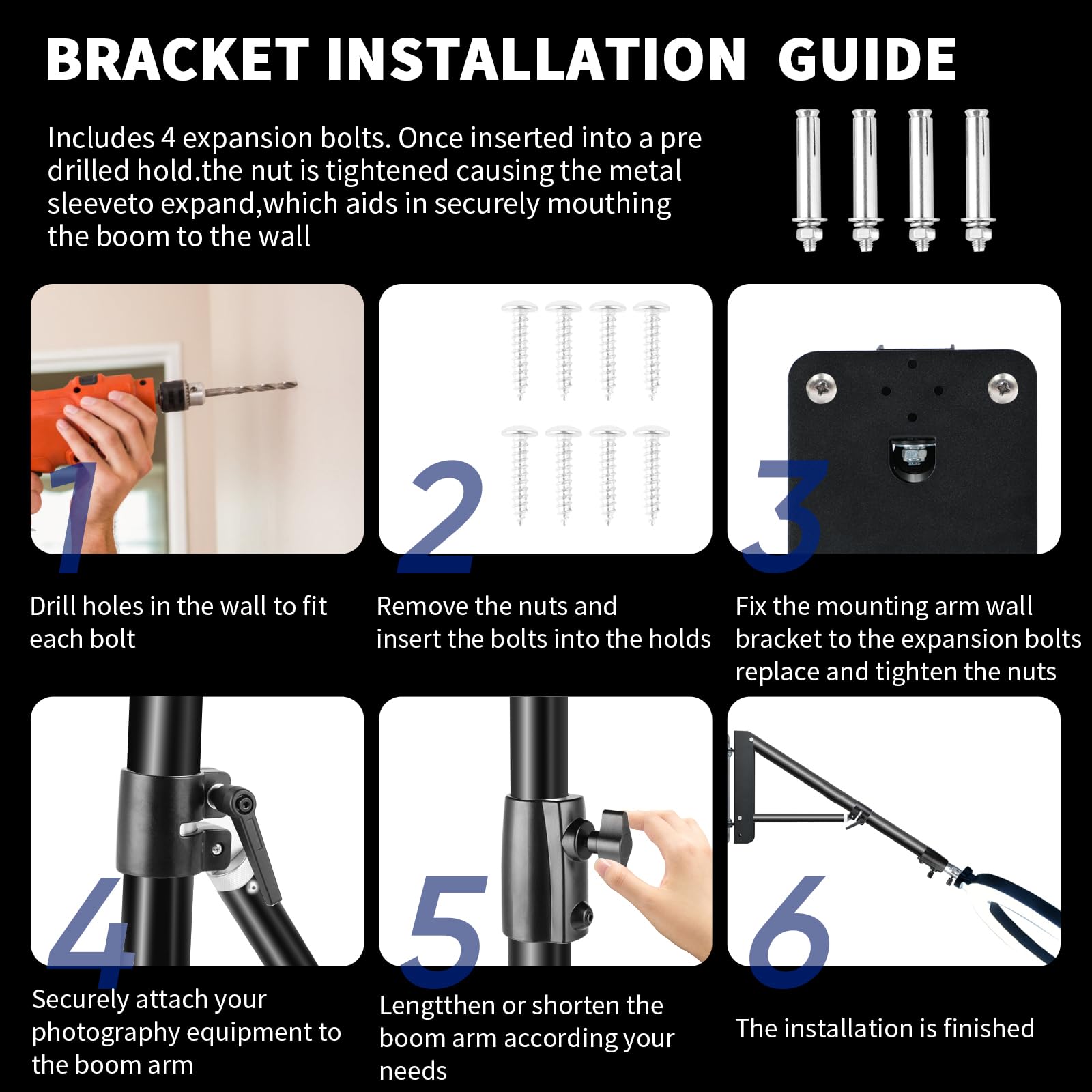 LOMTAP Ring Light Wall Mount Triangle Boom Arm with 180 Metal Flexible Rotation Max Length 4.4 Feet/135cm Adjustable Camera Mount Up to 4.26ft for Monolight, Softbox, Reflector, Strobe Light