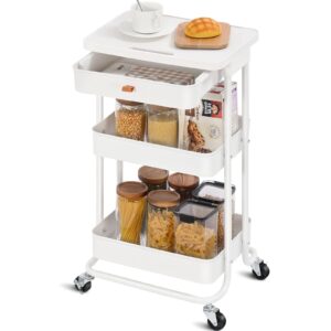 toolf rolling storage cart with drawer & table top, 3 tier metal rolling utility cart, white rolling cart organizer for teacher craft baby nursery, utility cart for kitchen bathroom bedside office