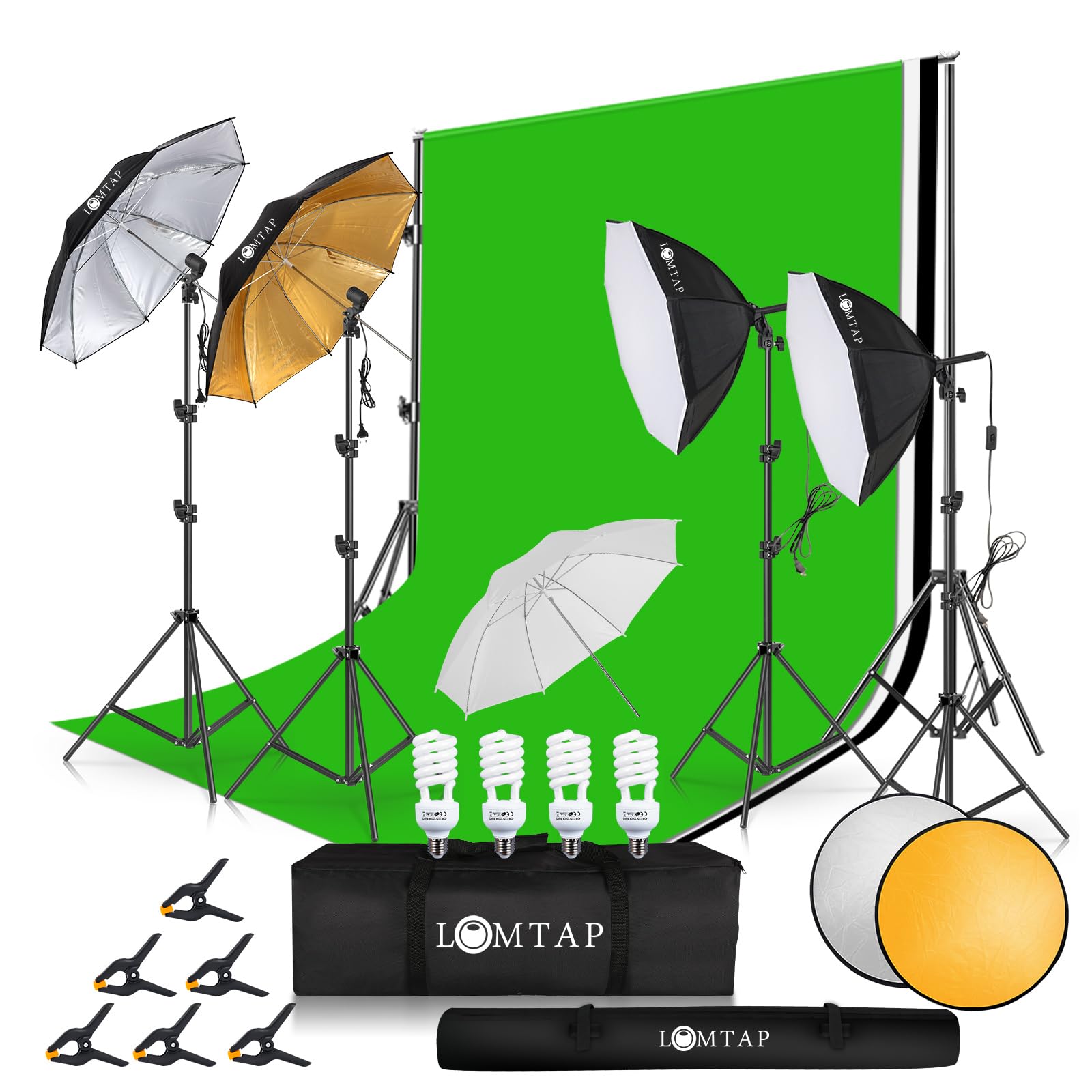 LOMTAP Backdrop Stand 6.5ft x 9.8ft Green Screen Photography Lighting Kit 2 Softboxes 3 Photo Umbrellas 2 in 1 Reflector Accessories for Parties Video Equipments Studio Lights