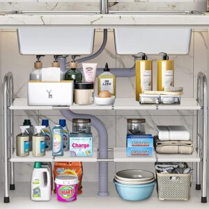 under sink cabinet shelf organizer, expandable metal under sink rack storage with 8 removable panels for kitchen bathroom, 2 tiers, white