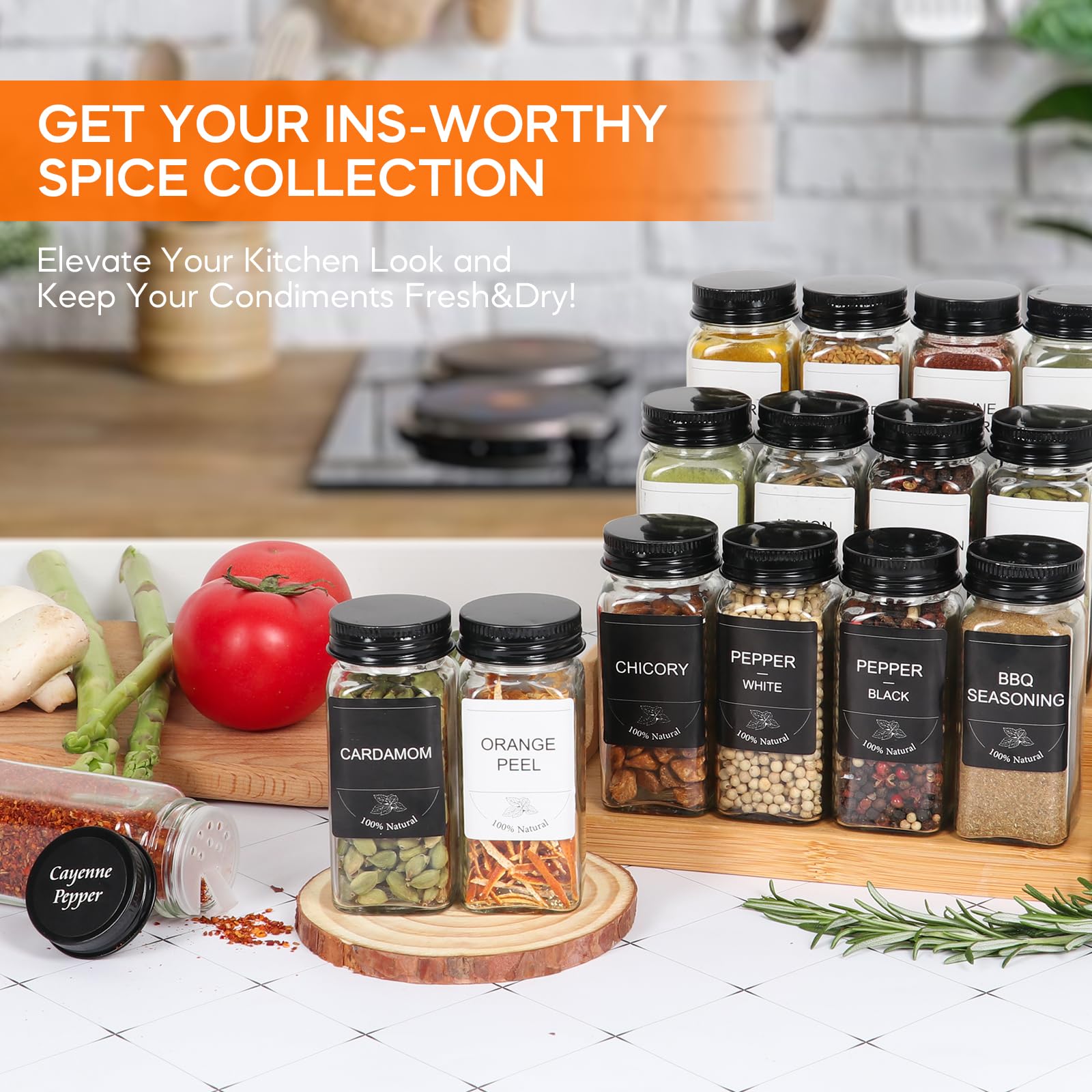 AuroTrends Empty Spice Jars with Labels 4oz 36Pack, Spice Containers with Labels- 4 oz Seasoning Containers with Preprinted Spice Labels for Pantry Organizers and Storage (4fl.oz, 36Pack)