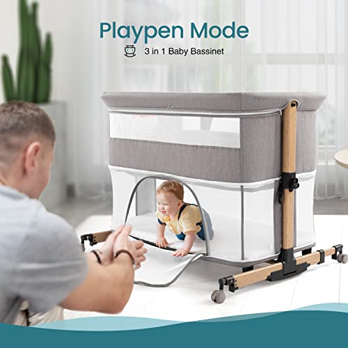 Homcosan 3 in 1 Bassinet Bedside Sleeper with Wheels Portable Baby Cradle Bassinet with Mattress 5 Heights Adjustable Baby Bassinet