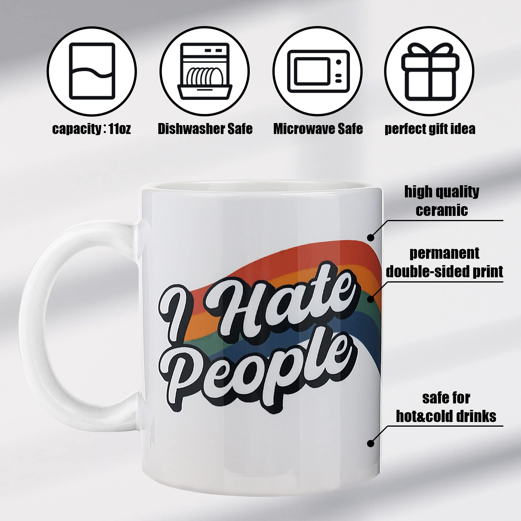 I Hate People Mug - Funny Coffee Mug, I Hate People Funny Mugs For Women Men, Sarcastic Mug Gag Gift For Sister, Friends, Coworker, Brother, Introvert, Ceramic Retro Coffee Mugs For Women 11oz White