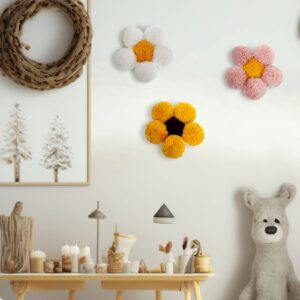 moukeren 3 pcs boho nursery decor for girl daisy flower pom pom wall hanging bohemian nursery home wall decor nursery wall decor flowers for baby kids nursery dorm decor