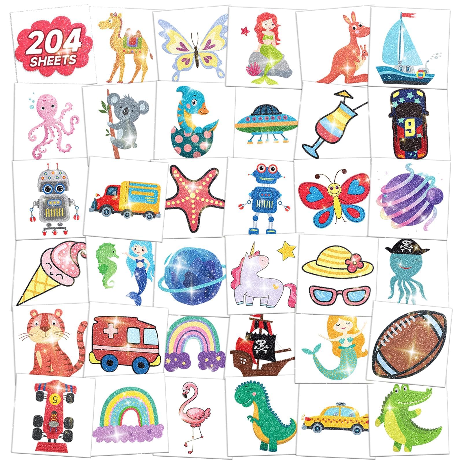 EMOME 204 Sheets Glitter Tattoos for Kids,Individually Wrapped Kids Temporary Tattoos for Girls Boys, Party Favors Birthday Supplies Goodie Bags Stuffers for Kids