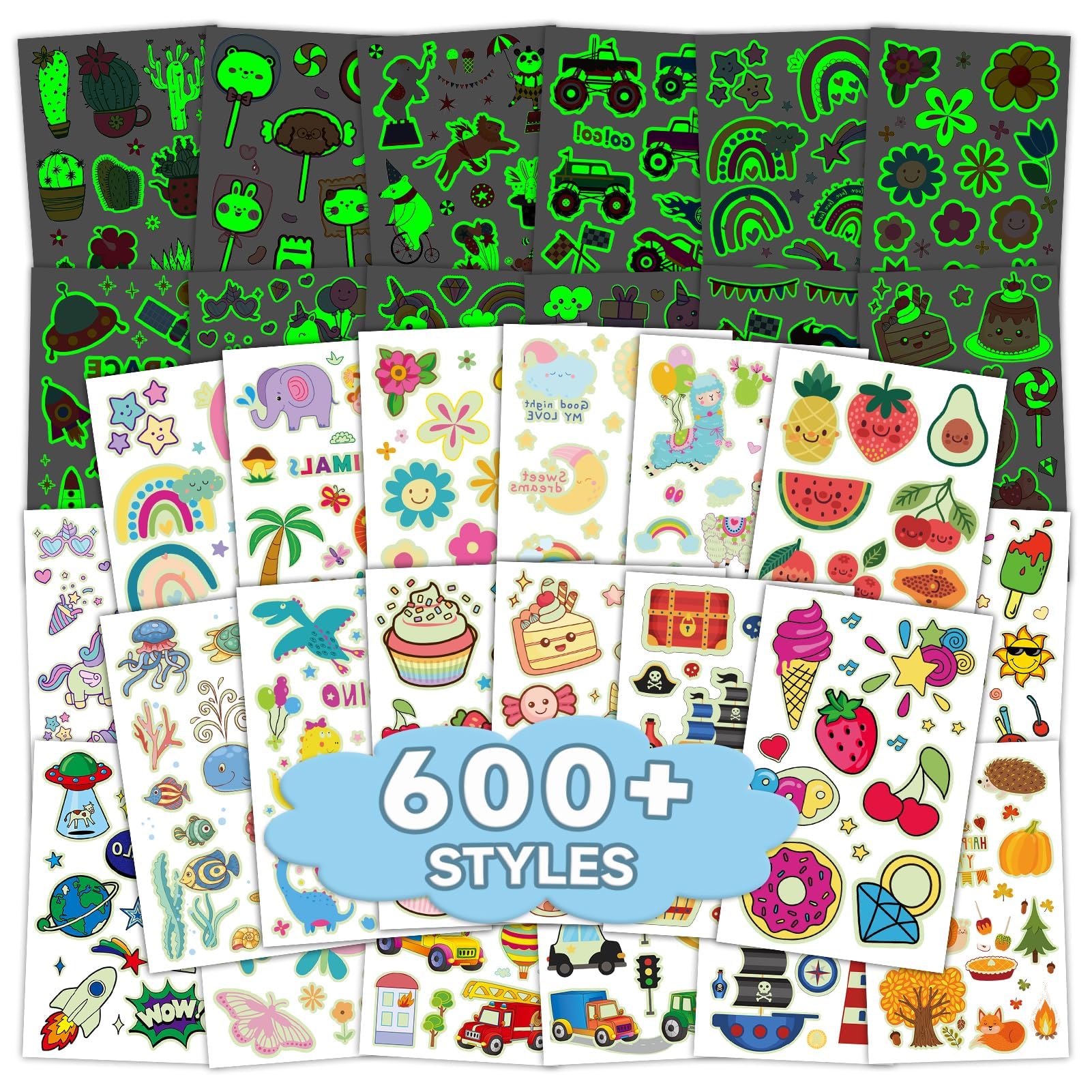 EMOME 600+ Mix Styles Glow Kids Tattoos for Party Supplies,Luminous Temporary Tattoos Stickers for Girls Boys,Fake Tattoos Kids Birthday Party Favors (56 Sheets)