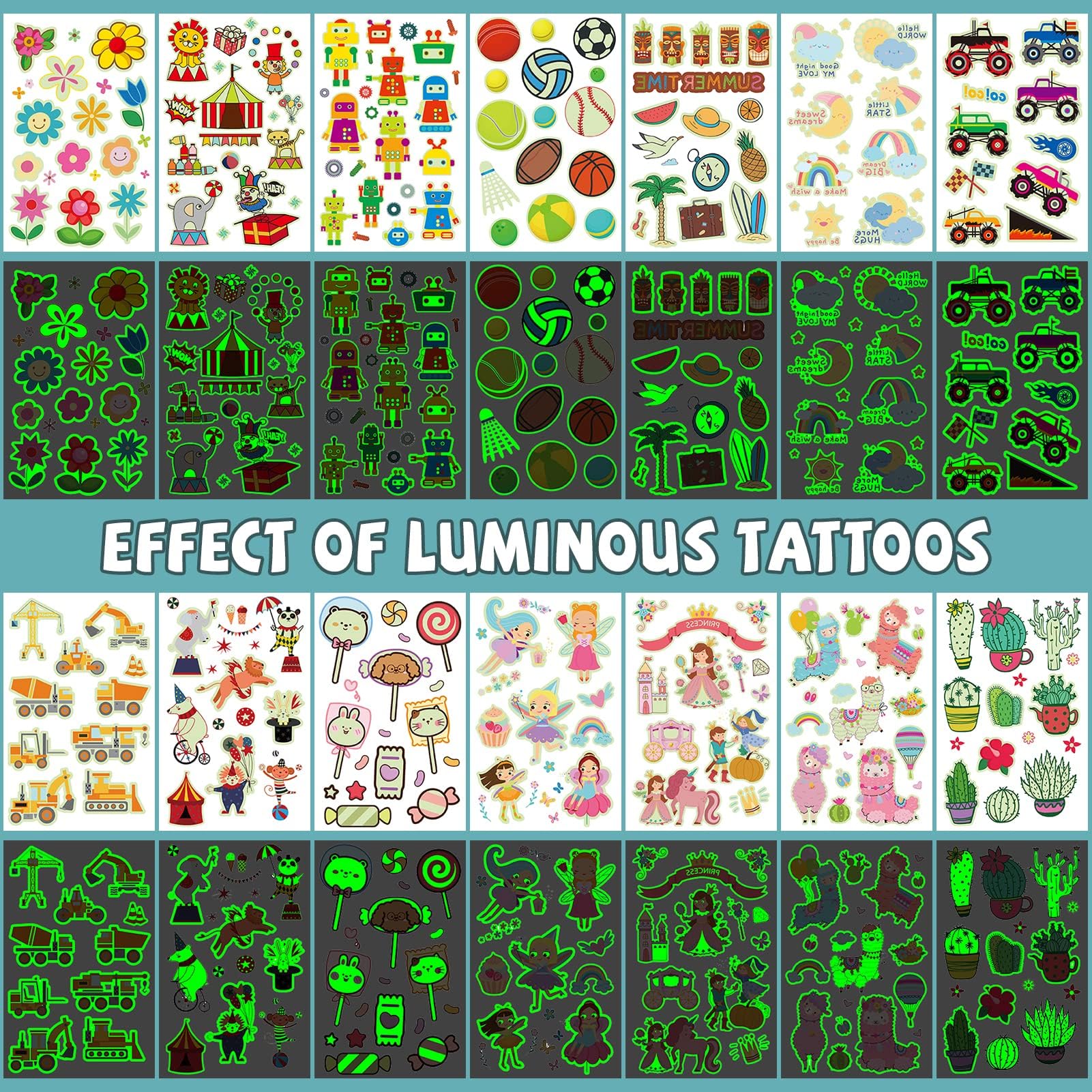 EMOME 600+ Mix Styles Glow Kids Tattoos for Party Supplies,Luminous Temporary Tattoos Stickers for Girls Boys,Fake Tattoos Kids Birthday Party Favors (56 Sheets)