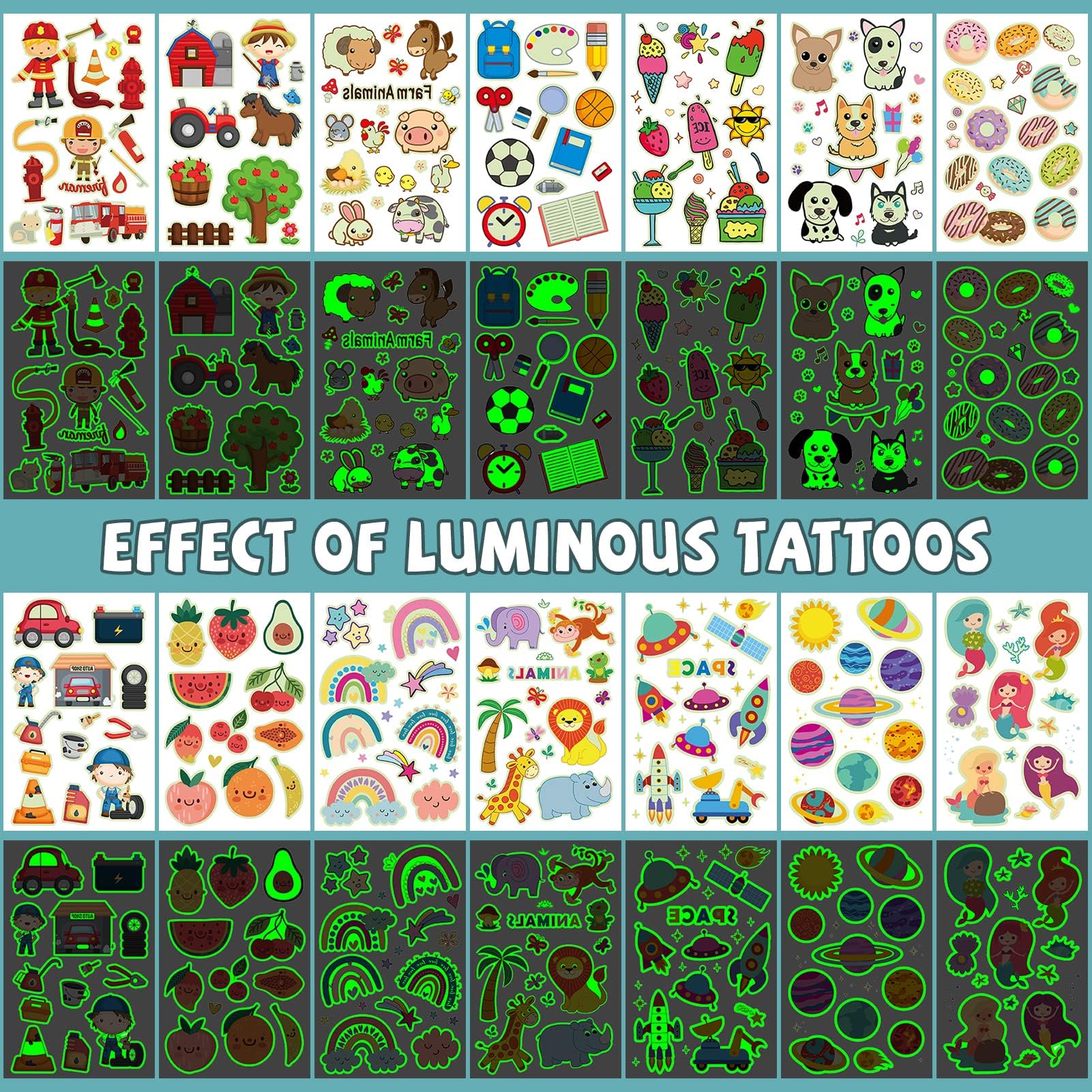 EMOME 600+ Mix Styles Glow Kids Tattoos for Party Supplies,Luminous Temporary Tattoos Stickers for Girls Boys,Fake Tattoos Kids Birthday Party Favors (56 Sheets)