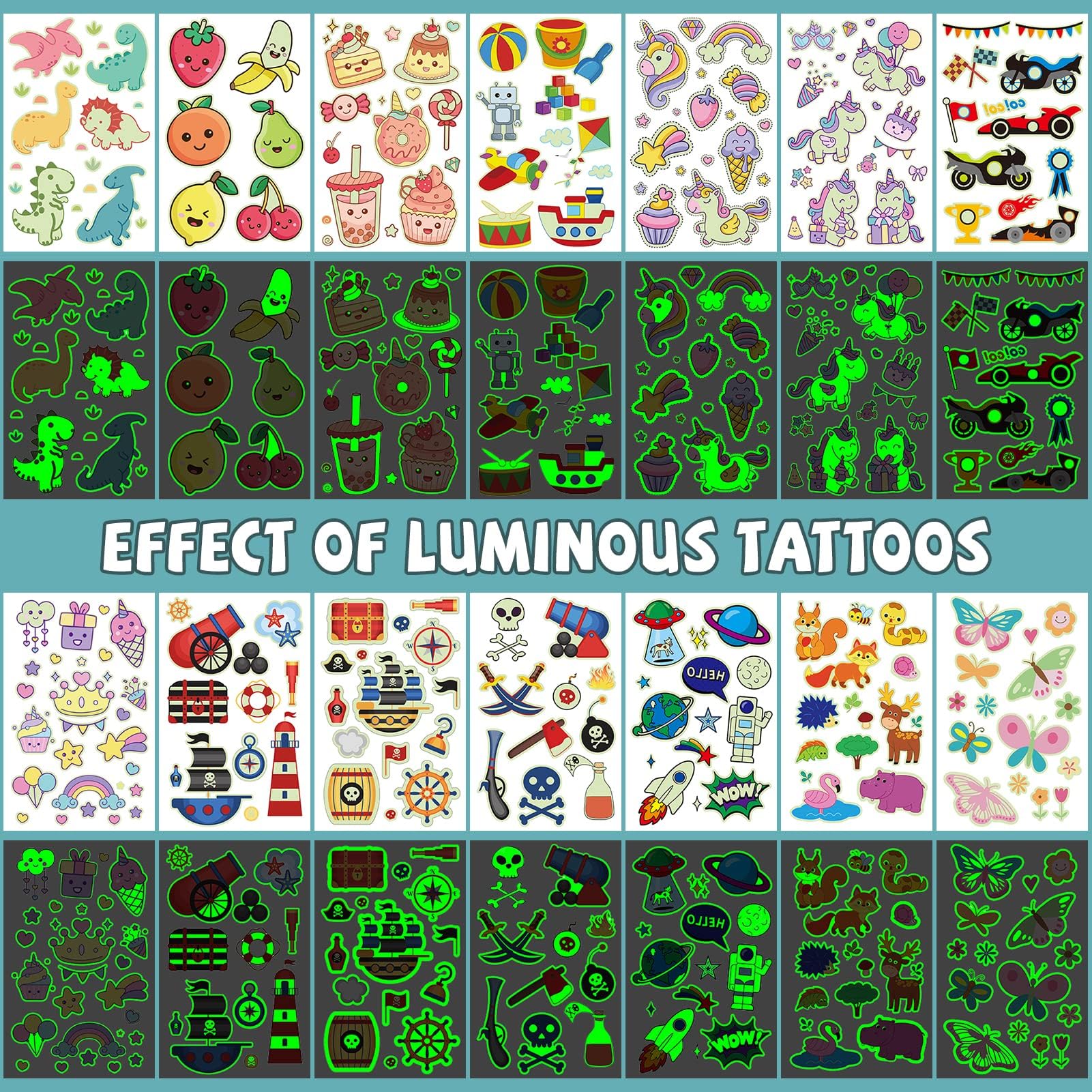 EMOME 600+ Mix Styles Glow Kids Tattoos for Party Supplies,Luminous Temporary Tattoos Stickers for Girls Boys,Fake Tattoos Kids Birthday Party Favors (56 Sheets)