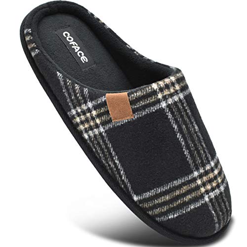 COFACE Mens Memory Foam House Slippers Slip On Cozy Scuff Plaid Shoes Indoor/Outdoor with Best Arch Surpport