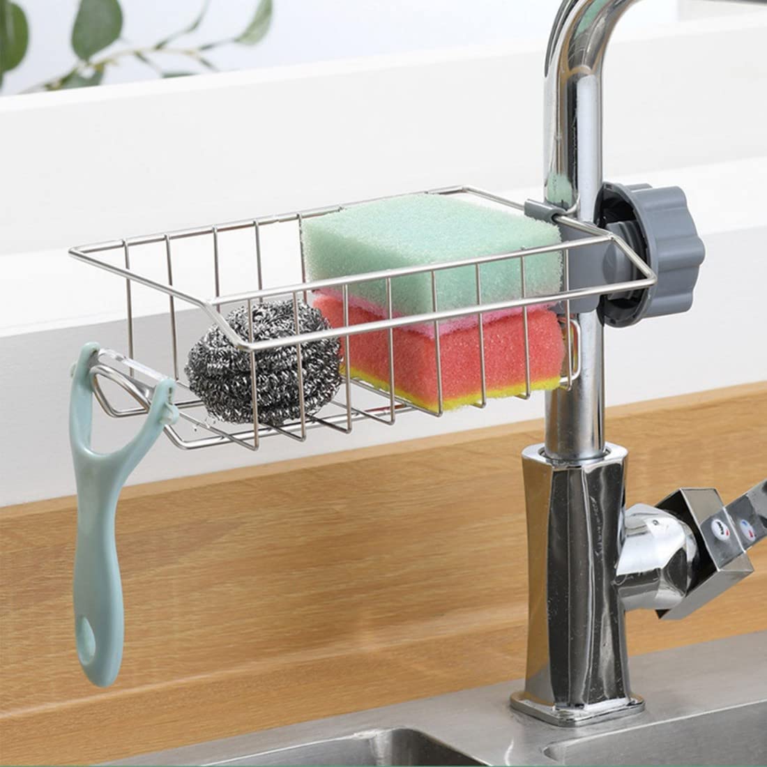 Vilehubju Faucet Storage Rack， Stainless Steel Sink Rack Removable Hanging Faucet Drainage Rack for Kitchen Bathroom Can Be Placed with Sponges Hand Sanitizer Soap Brushes Towels (Silver)