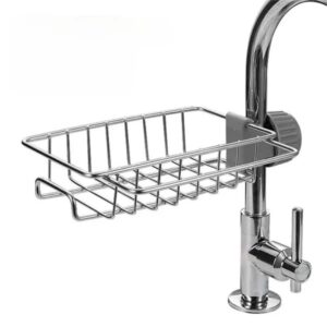 Vilehubju Faucet Storage Rack， Stainless Steel Sink Rack Removable Hanging Faucet Drainage Rack for Kitchen Bathroom Can Be Placed with Sponges Hand Sanitizer Soap Brushes Towels (Silver)