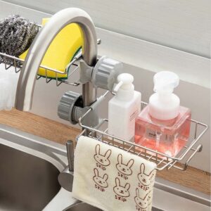 Vilehubju Faucet Storage Rack， Stainless Steel Sink Rack Removable Hanging Faucet Drainage Rack for Kitchen Bathroom Can Be Placed with Sponges Hand Sanitizer Soap Brushes Towels (Silver)