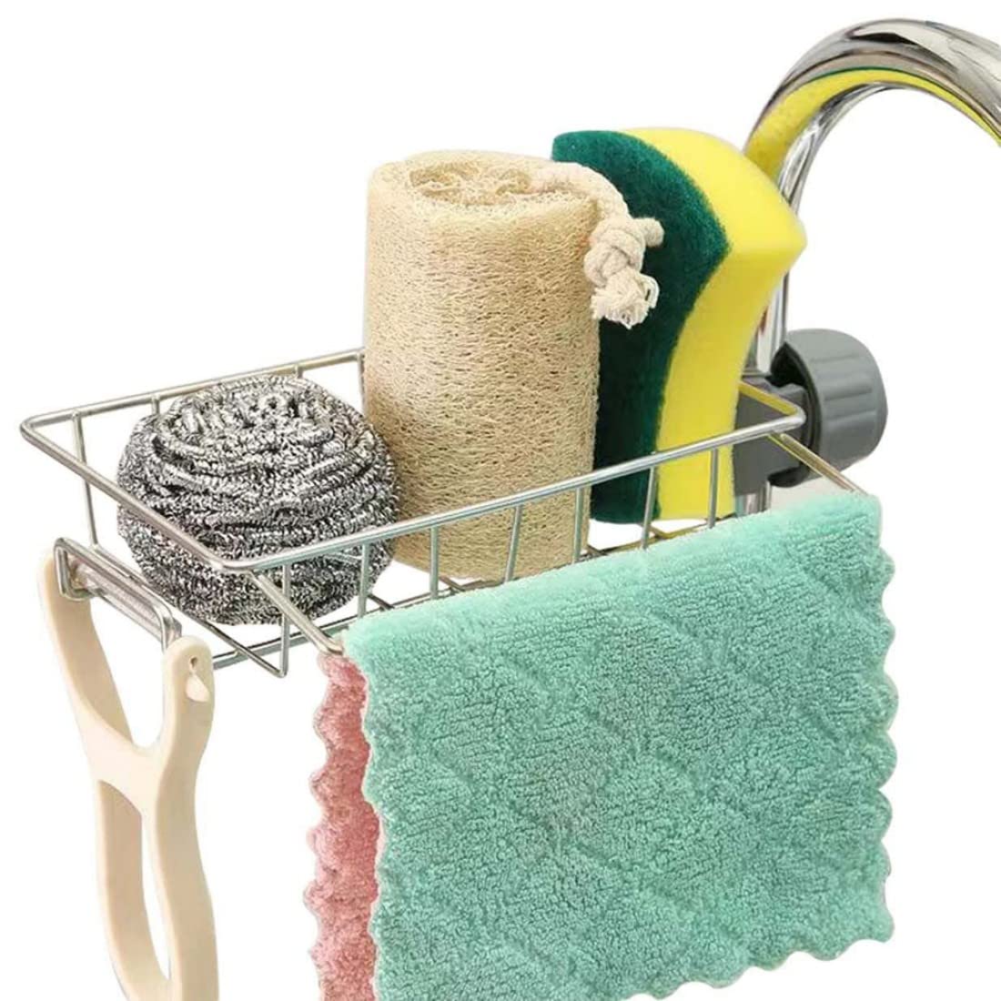 Vilehubju Faucet Storage Rack， Stainless Steel Sink Rack Removable Hanging Faucet Drainage Rack for Kitchen Bathroom Can Be Placed with Sponges Hand Sanitizer Soap Brushes Towels (Silver)