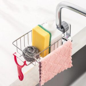 Vilehubju Faucet Storage Rack， Stainless Steel Sink Rack Removable Hanging Faucet Drainage Rack for Kitchen Bathroom Can Be Placed with Sponges Hand Sanitizer Soap Brushes Towels (Silver)