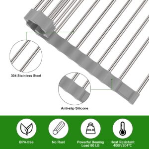 Liangmall Expandable Dish Drying Rack Up to 23.6", Extra Large Over The Sink Dish Drainer Drying Rack Roll Up, Stainless Steel Multipurpose Kitchen Sink Drying Rack - 23.6"(L) x 13.0"(W)