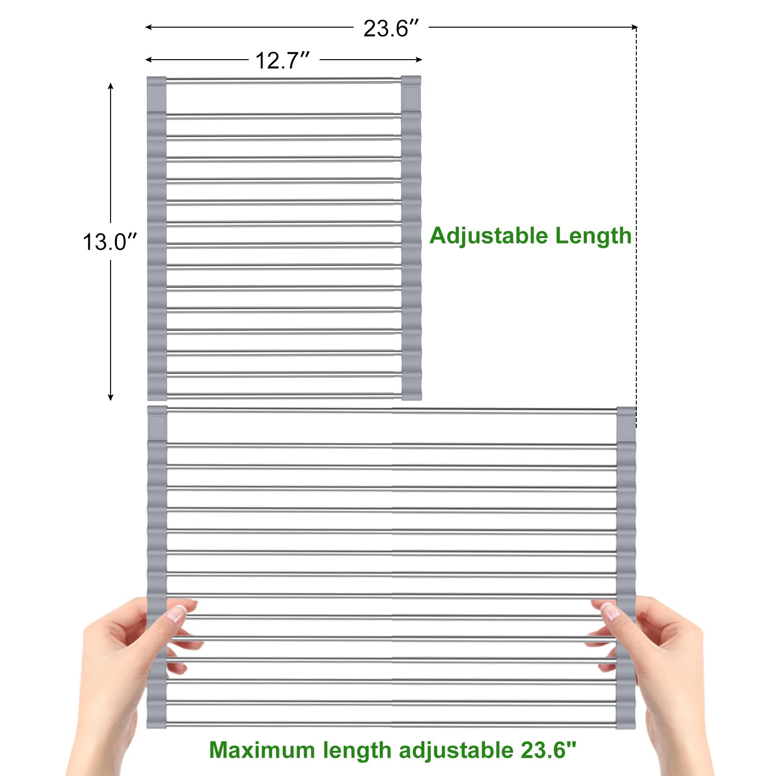 Liangmall Expandable Dish Drying Rack Up to 23.6", Extra Large Over The Sink Dish Drainer Drying Rack Roll Up, Stainless Steel Multipurpose Kitchen Sink Drying Rack - 23.6"(L) x 13.0"(W)