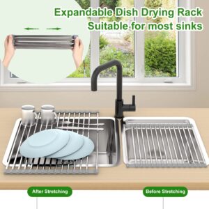 Liangmall Expandable Dish Drying Rack Up to 23.6", Extra Large Over The Sink Dish Drainer Drying Rack Roll Up, Stainless Steel Multipurpose Kitchen Sink Drying Rack - 23.6"(L) x 13.0"(W)