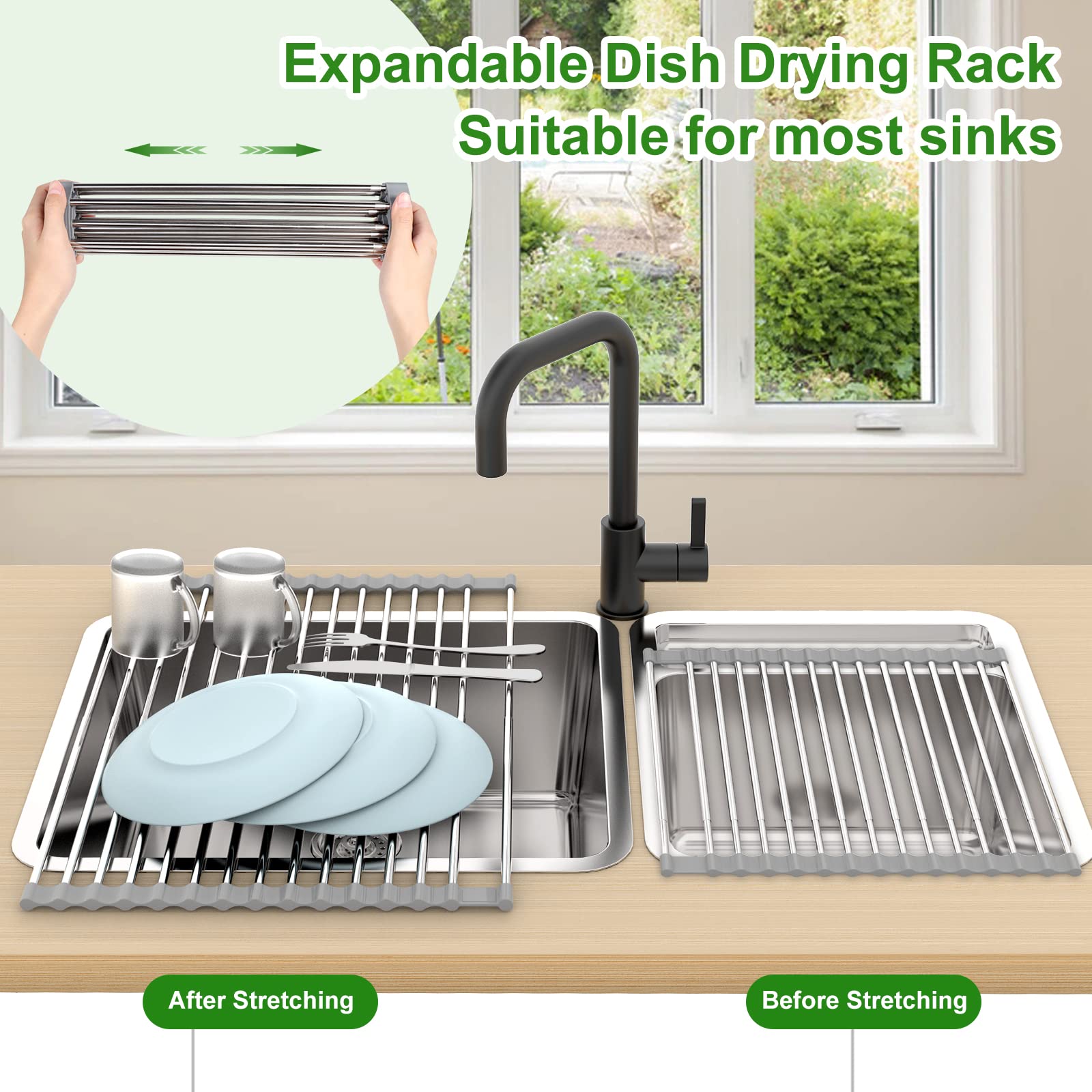 Liangmall Expandable Dish Drying Rack Up to 23.6", Extra Large Over The Sink Dish Drainer Drying Rack Roll Up, Stainless Steel Multipurpose Kitchen Sink Drying Rack - 23.6"(L) x 13.0"(W)