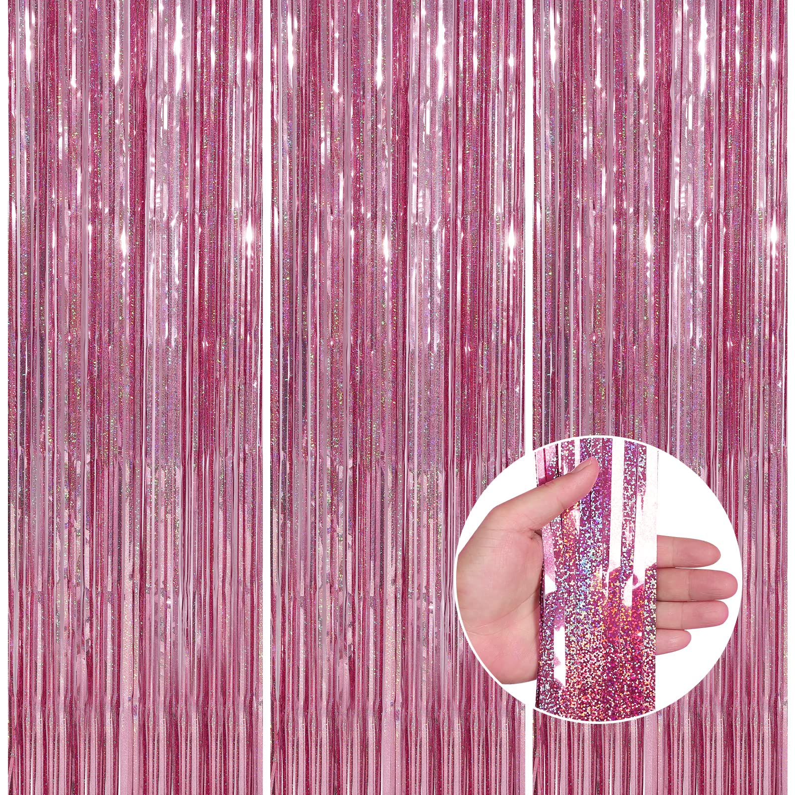 Crosize 3 Pack 3.3 x 9.9 ft Pink Foil Fringe Backdrop Curtain, Streamer Backdrop Curtains, Birthday Party Decorations, Pink Tinsel Curtain for Parties, Galentines Decor, Preppy, Baby Shower