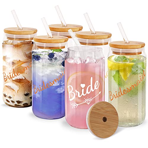 MGupzao Personalized Bridesmaid Glass Tumbler Set with Straw Bride to be 16 oz Can Shaped Coffee Cup Bachelorette Party Tumblers Bamboo Lid Iced Coffee Cup (6Pcs)