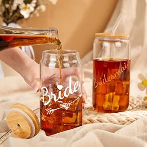 MGupzao Personalized Bridesmaid Glass Tumbler Set with Straw Bride to be 16 oz Can Shaped Coffee Cup Bachelorette Party Tumblers Bamboo Lid Iced Coffee Cup (6Pcs)