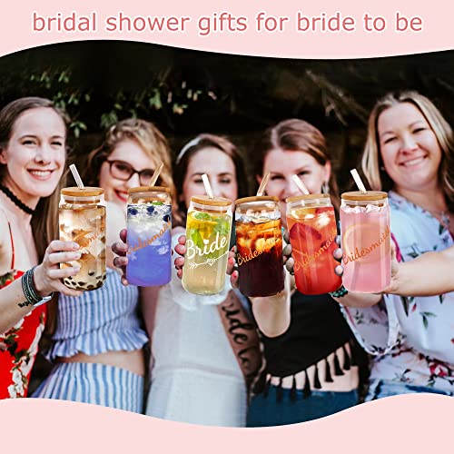 MGupzao Personalized Bridesmaid Glass Tumbler Set with Straw Bride to be 16 oz Can Shaped Coffee Cup Bachelorette Party Tumblers Bamboo Lid Iced Coffee Cup (6Pcs)