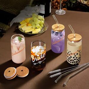 MGupzao Personalized Bridesmaid Glass Tumbler Set with Straw Bride to be 16 oz Can Shaped Coffee Cup Bachelorette Party Tumblers Bamboo Lid Iced Coffee Cup (6Pcs)