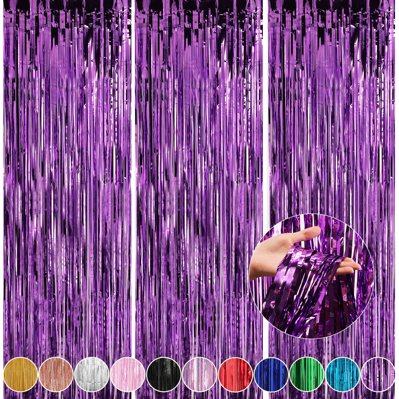 Crosize 3 Pack 3.3 x 9.9 ft Purple Foil Fringe Backdrop Curtain, Streamer Backdrop Curtains, Streamers Birthday Party Decorations, Tinsel Curtain for Parties, Galentines Decor