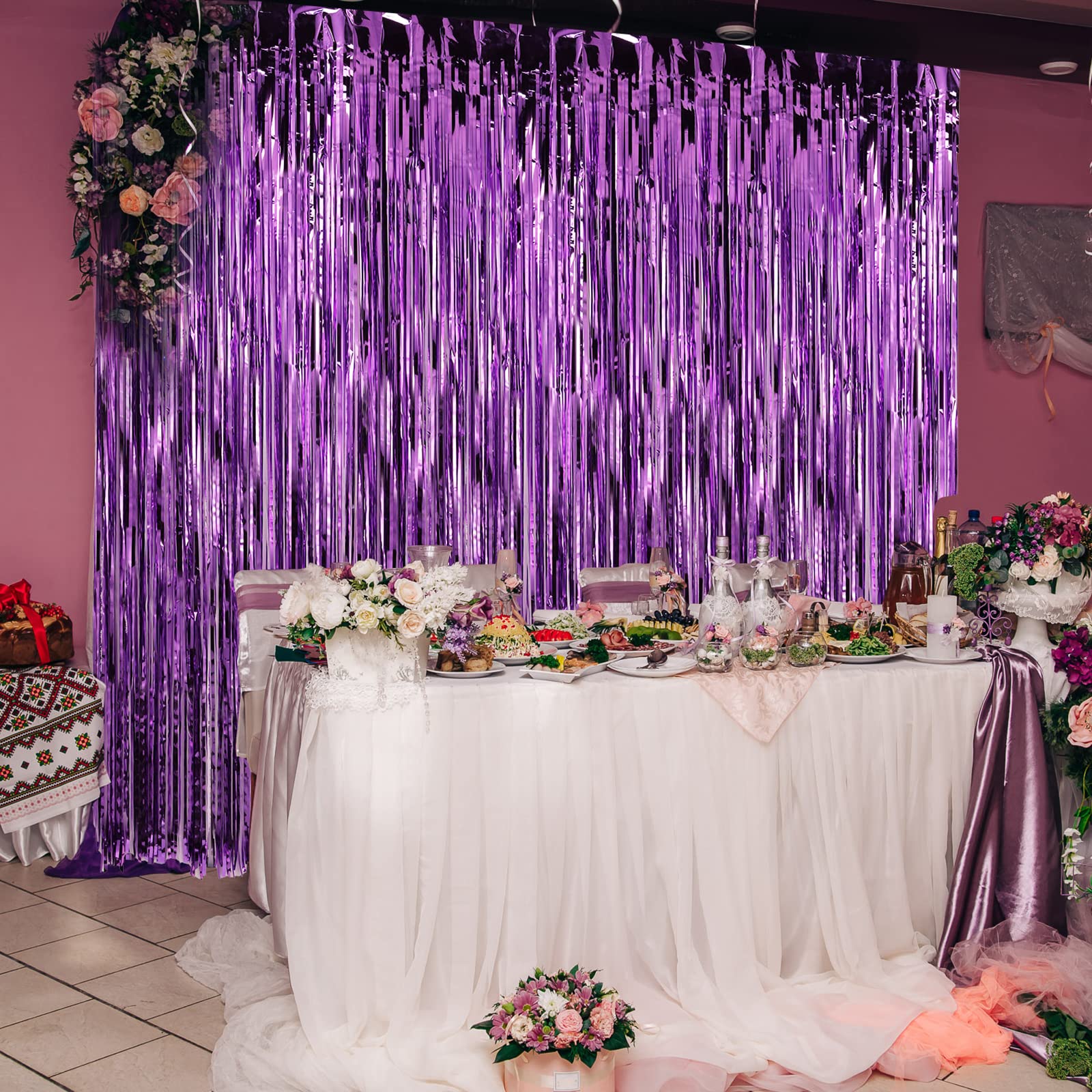 Crosize 3 Pack 3.3 x 9.9 ft Purple Foil Fringe Backdrop Curtain, Streamer Backdrop Curtains, Streamers Birthday Party Decorations, Tinsel Curtain for Parties, Galentines Decor