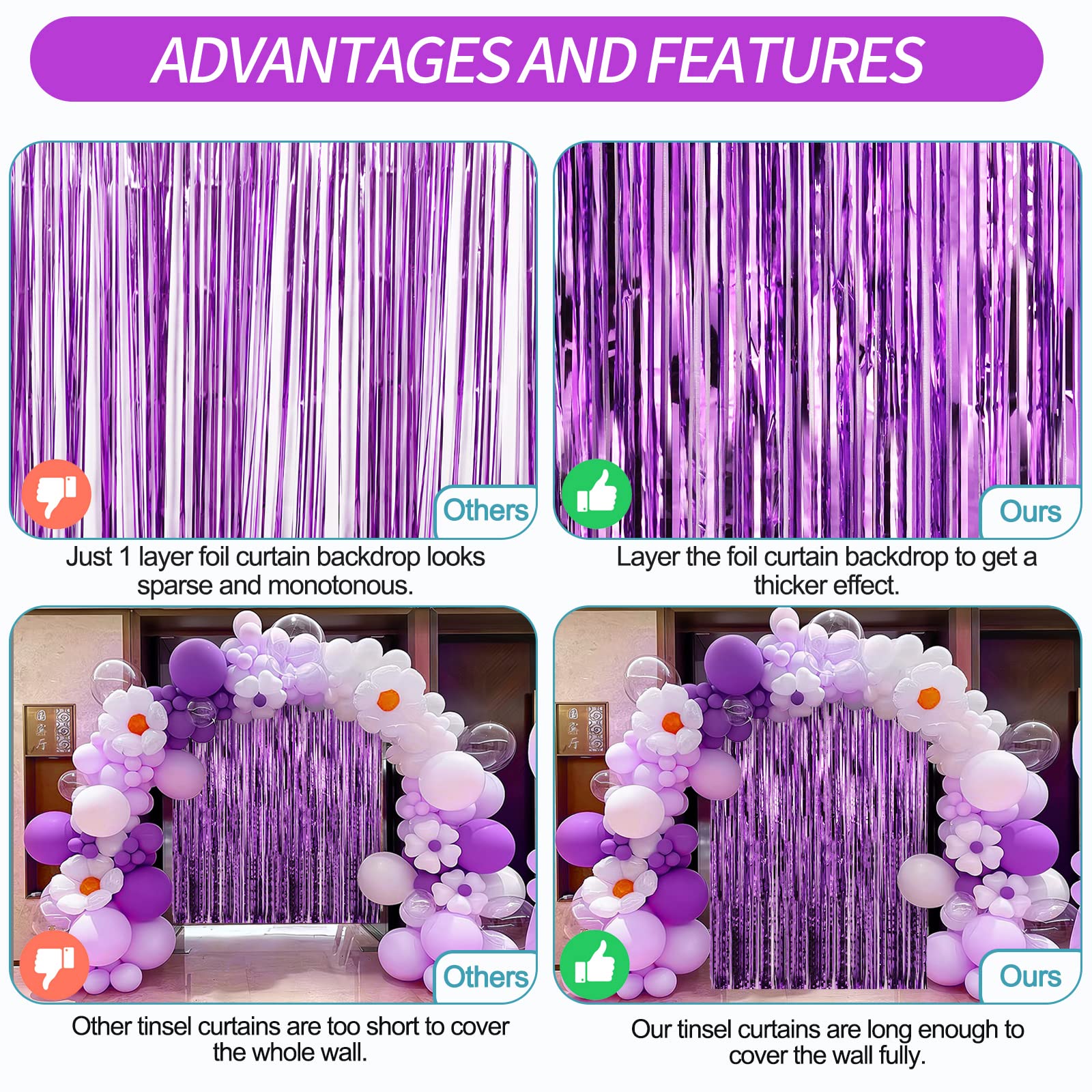 Crosize 3 Pack 3.3 x 9.9 ft Purple Foil Fringe Backdrop Curtain, Streamer Backdrop Curtains, Streamers Birthday Party Decorations, Tinsel Curtain for Parties, Galentines Decor