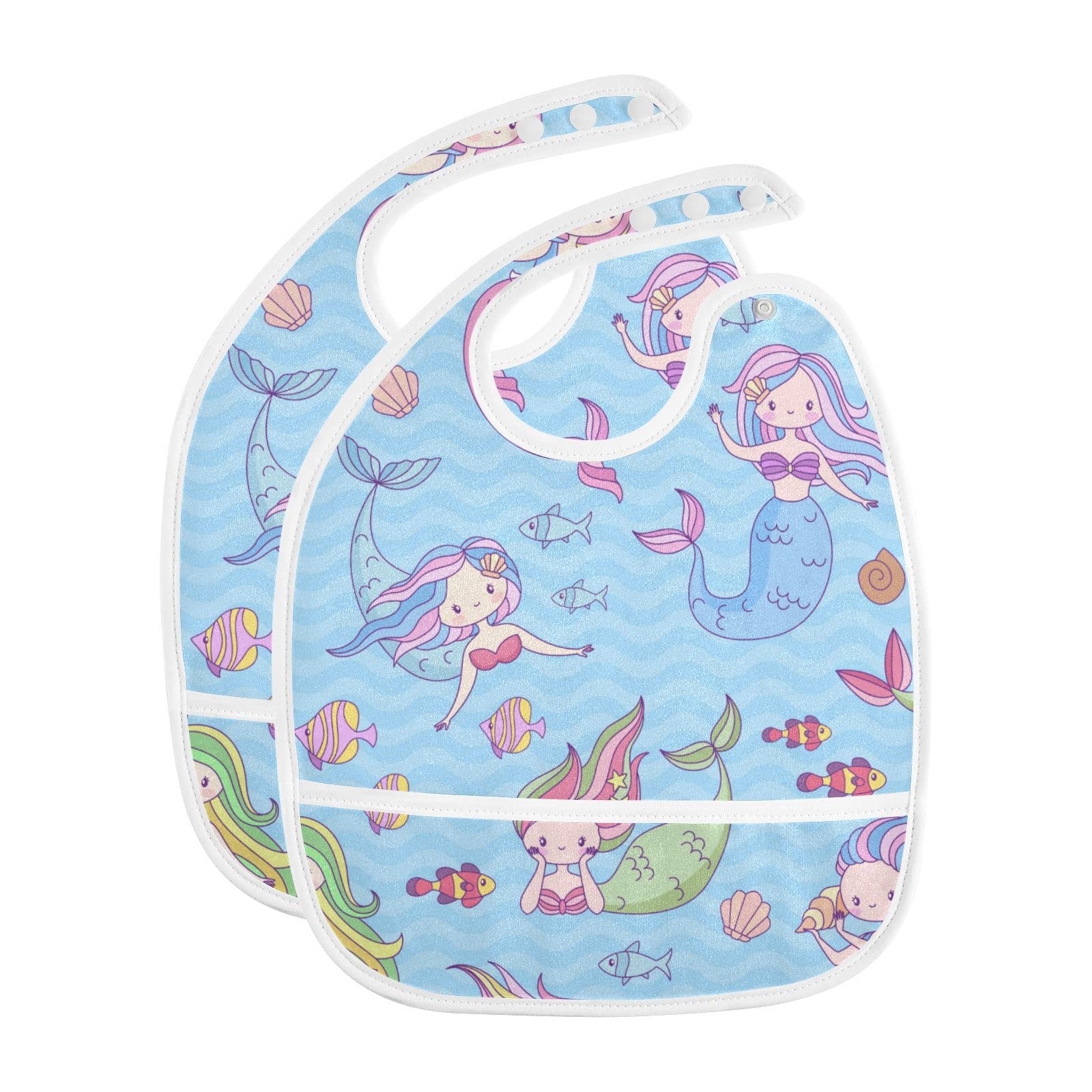 Emelivor Cartoon Mermaid Baby Bibs for Baby Boy Girl Feeding Bibs Waterproof Toddler Bibs for Boys Girls Toddlers Eating Feeding 1-3 Years, 2 Pack