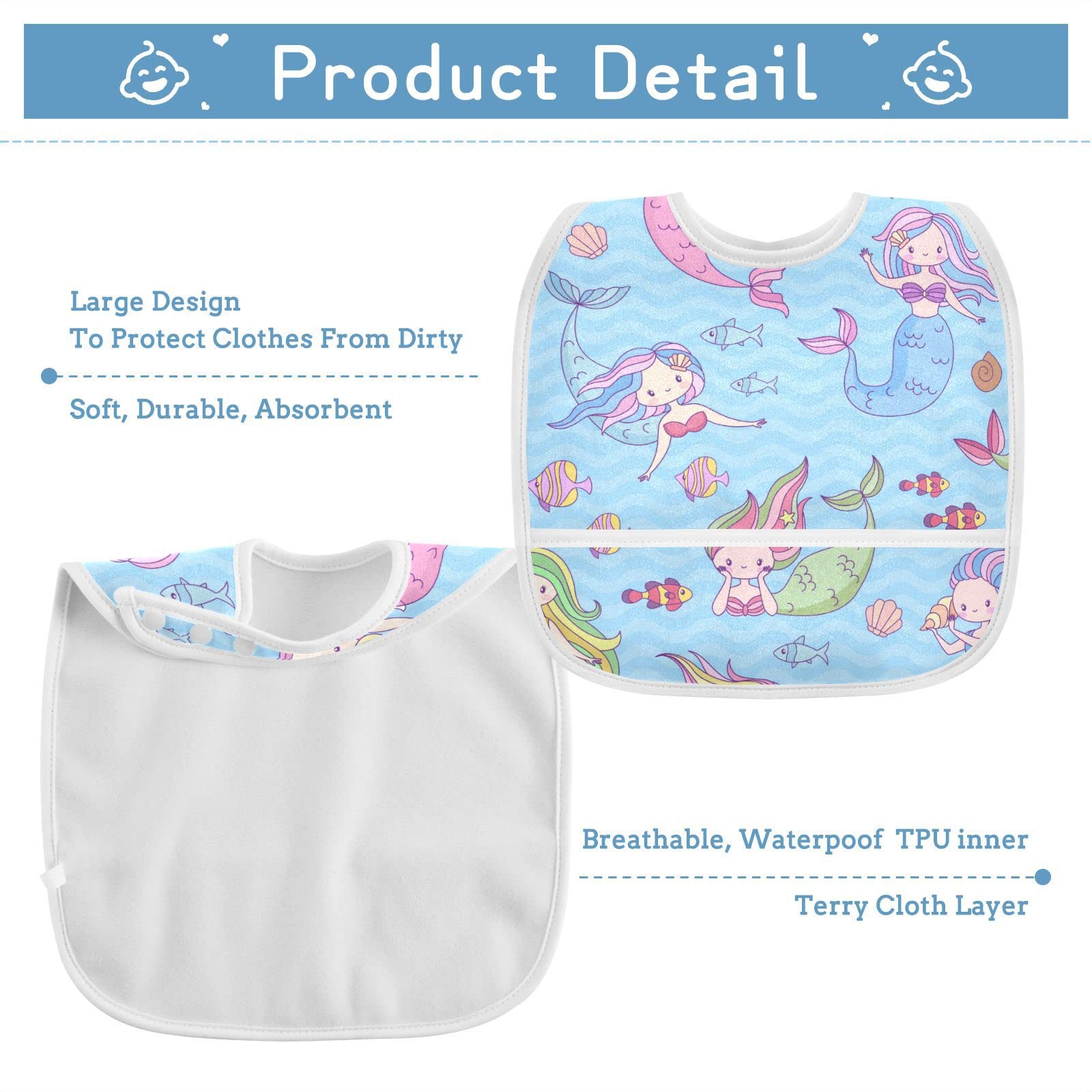 Emelivor Cartoon Mermaid Baby Bibs for Baby Boy Girl Feeding Bibs Waterproof Toddler Bibs for Boys Girls Toddlers Eating Feeding 1-3 Years, 2 Pack