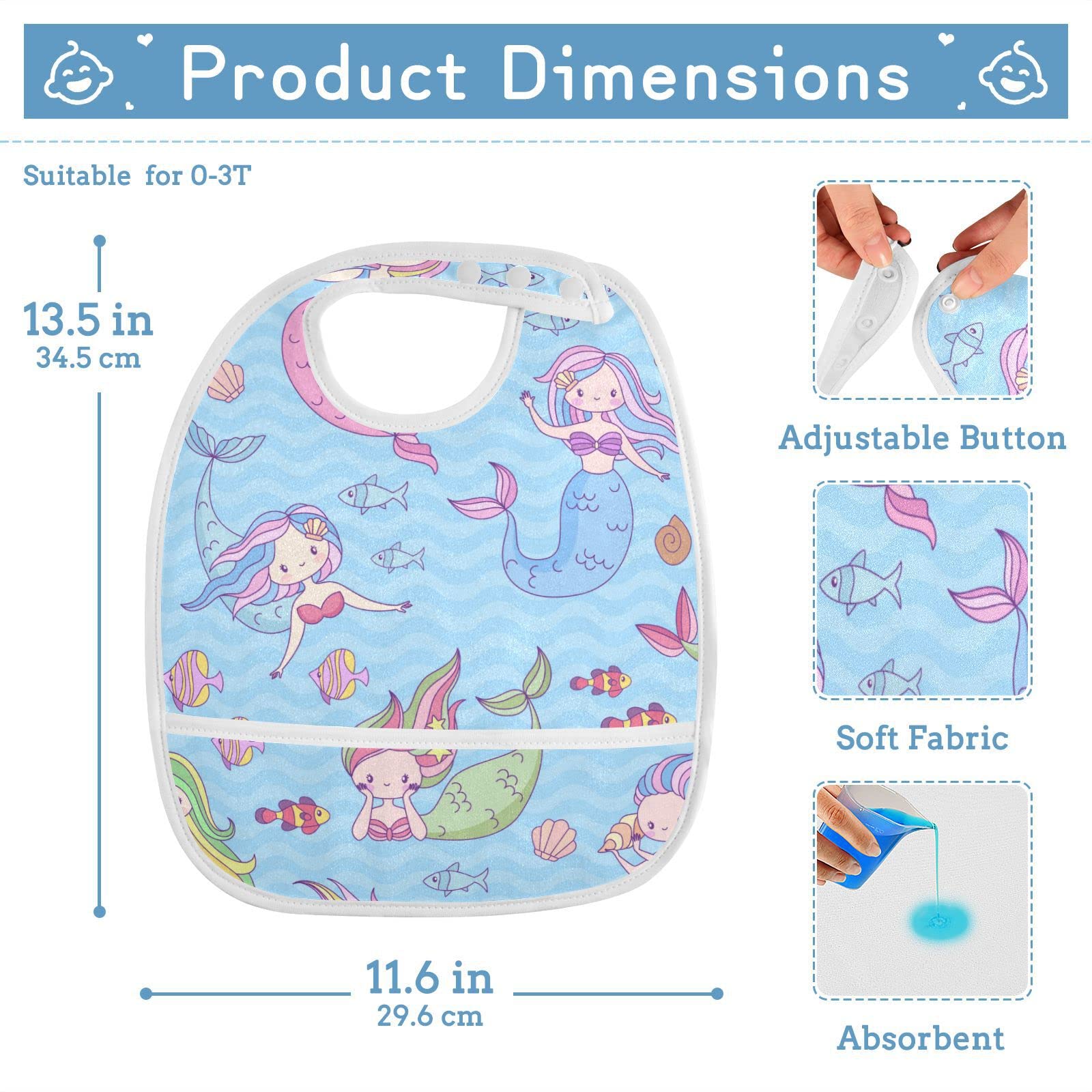 Emelivor Cartoon Mermaid Baby Bibs for Baby Boy Girl Feeding Bibs Waterproof Toddler Bibs for Boys Girls Toddlers Eating Feeding 1-3 Years, 2 Pack