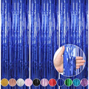 crosize 3 pack 3.3 x 9.9 ft dark blue foil fringe backdrop curtain, streamer backdrop curtains, streamers birthday party decorations, blue tinsel curtain for parties, galentines decor, baby shower