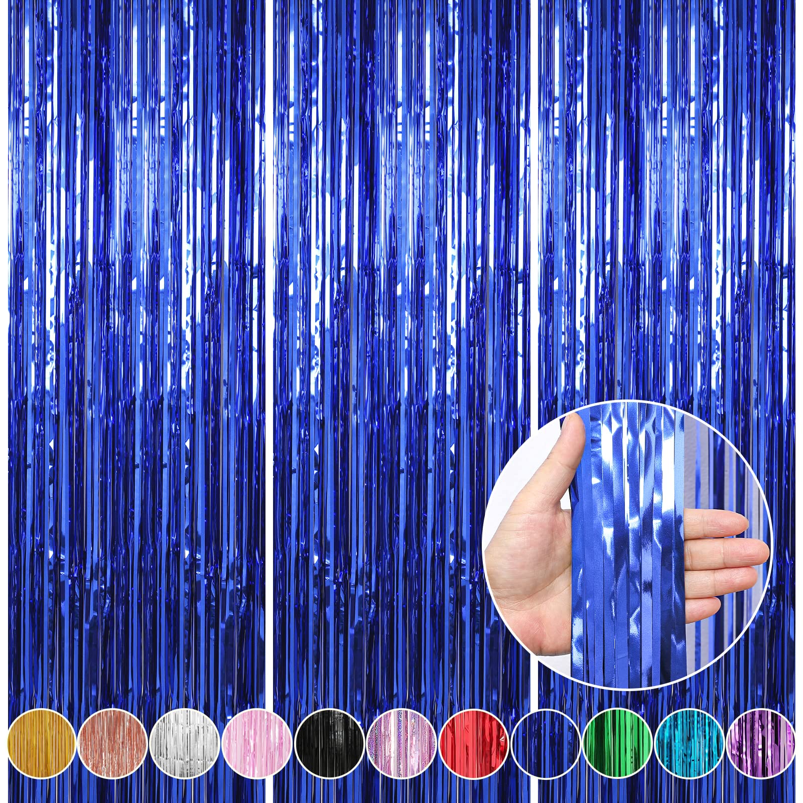 Crosize 3 Pack 3.3 x 9.9 ft Dark Blue Foil Fringe Backdrop Curtain, Streamer Backdrop Curtains, Streamers Birthday Party Decorations, Blue Tinsel Curtain for Parties, Galentines Decor, Baby Shower