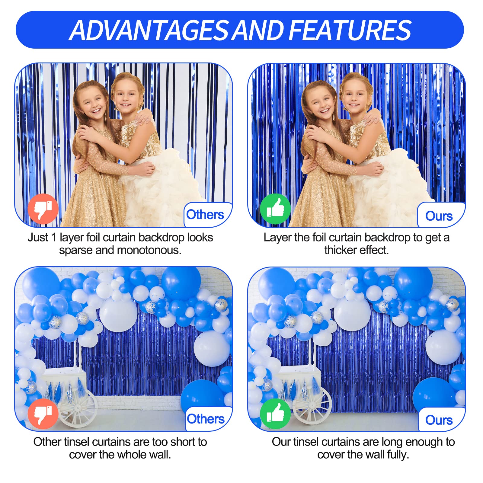 Crosize 3 Pack 3.3 x 9.9 ft Dark Blue Foil Fringe Backdrop Curtain, Streamer Backdrop Curtains, Streamers Birthday Party Decorations, Blue Tinsel Curtain for Parties, Galentines Decor, Baby Shower