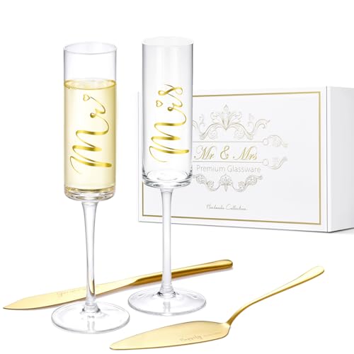 ROXBURGH Wedding Cake Knife and Server Set, Wedding Champagne Flutes, Gold Bride and Groom Champagne Flutes Toasting Glasses Engraved Mr and Mrs, Cake Cutting Set for Wedding Engagement Gifts