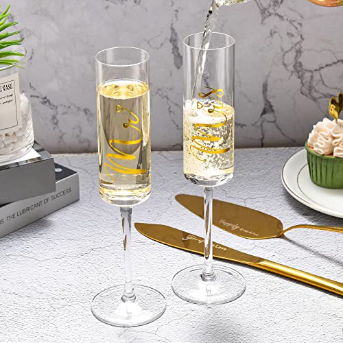 ROXBURGH Wedding Cake Knife and Server Set, Wedding Champagne Flutes, Gold Bride and Groom Champagne Flutes Toasting Glasses Engraved Mr and Mrs, Cake Cutting Set for Wedding Engagement Gifts