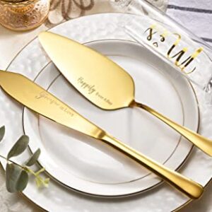 ROXBURGH Wedding Cake Knife and Server Set, Wedding Champagne Flutes, Gold Bride and Groom Champagne Flutes Toasting Glasses Engraved Mr and Mrs, Cake Cutting Set for Wedding Engagement Gifts