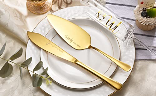 ROXBURGH Wedding Cake Knife and Server Set, Wedding Champagne Flutes, Gold Bride and Groom Champagne Flutes Toasting Glasses Engraved Mr and Mrs, Cake Cutting Set for Wedding Engagement Gifts