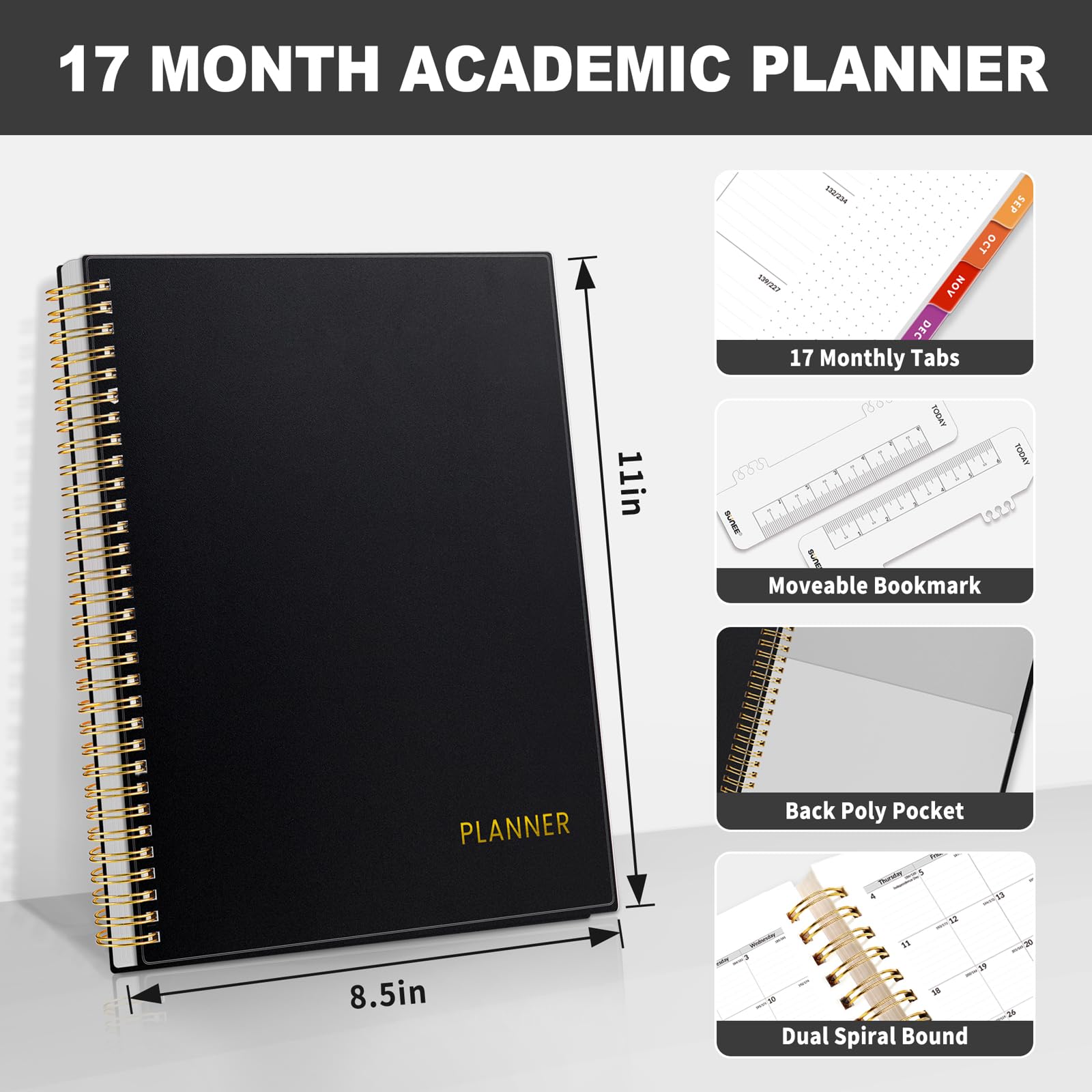 SUNEE 17 Month Academic Planner 2024-2025 Weekly and Monthly - from August 2024 - December 2025, 8.5"x11" School Year Daily Planner with Monthly Tab, Flexible Cover, Note Page, Pocket, Bookmark,Black