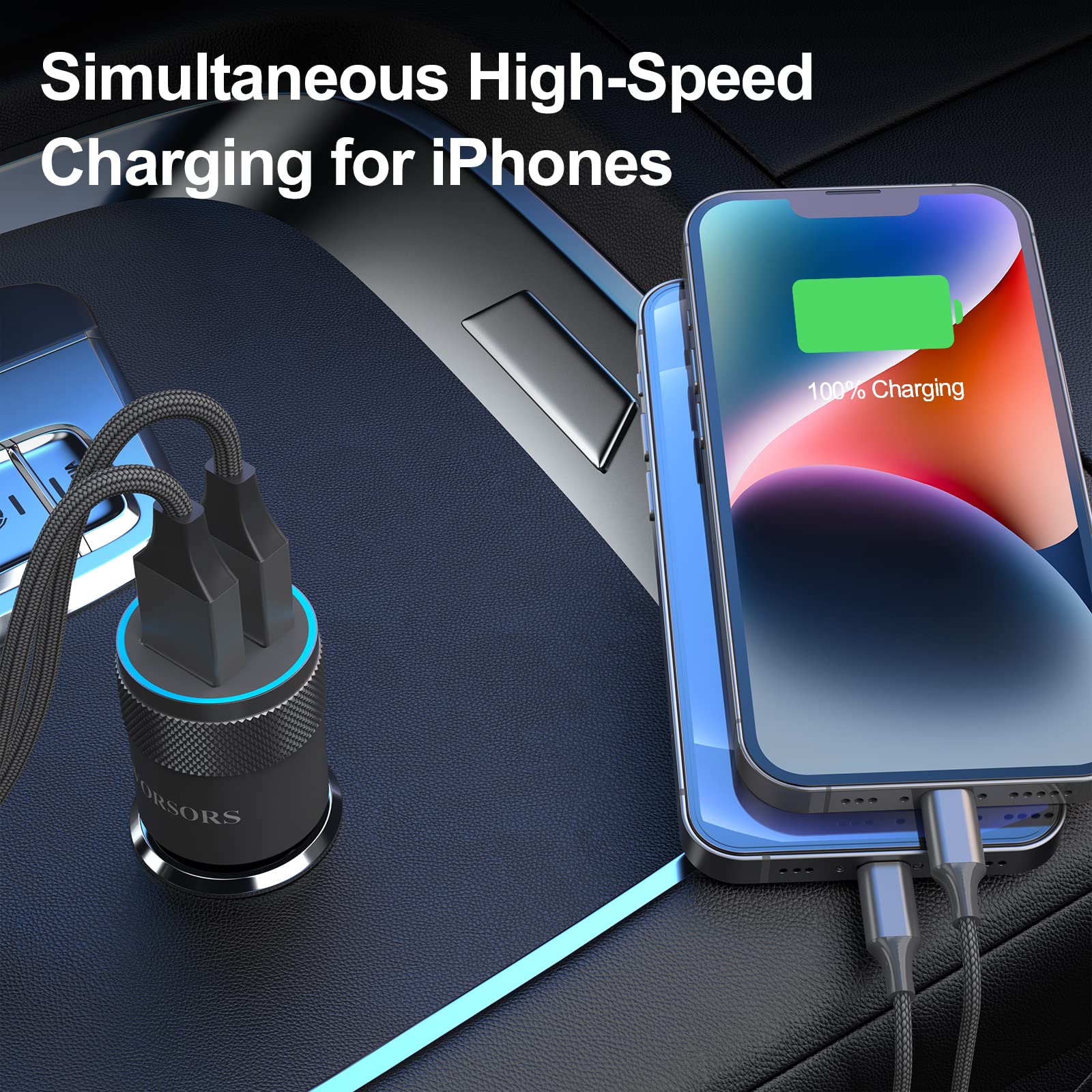 [Apple MFi Certified] Fast Car Charger, Dual USB 4.8A Rapid Charging Power Adapter with 2 Pack 3Ft Lightning Cable Cord Compatible for iPhone 14/13/12/11/Pro Max/XS/XR/X/8 Plus/7/SE, iPad, Airpods