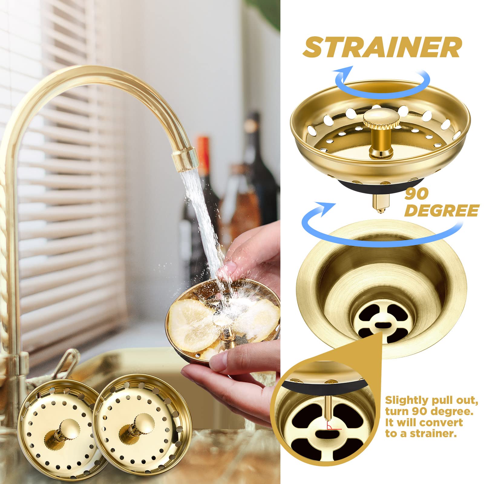 Retisee 2 Pcs Gold Kitchen Sink Stopper Strainer Stainless Steel Sink Filter for Universal 3-1/2 Inch Kitchen Sink Drain Replacement