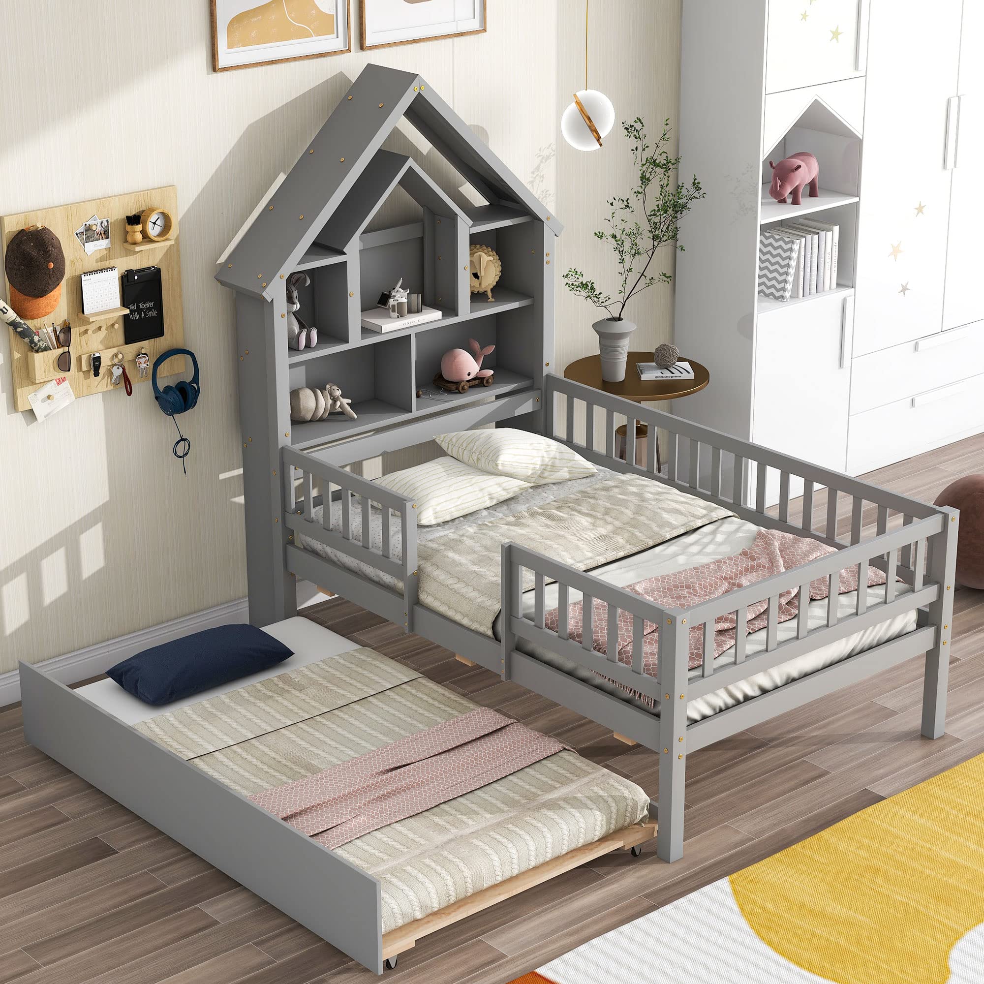 Twin House Bed with Bookcase Headboard and Trundle, Montessori Bed Twin Platform Bed with Storage and Fence Guardrails, Solid Wood Playhouse Bed Frame for Kids Teens Girls Boys (Twin Size, Gray)