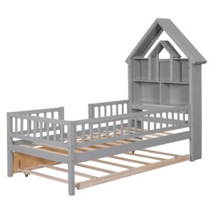 Twin House Bed with Bookcase Headboard and Trundle, Montessori Bed Twin Platform Bed with Storage and Fence Guardrails, Solid Wood Playhouse Bed Frame for Kids Teens Girls Boys (Twin Size, Gray)